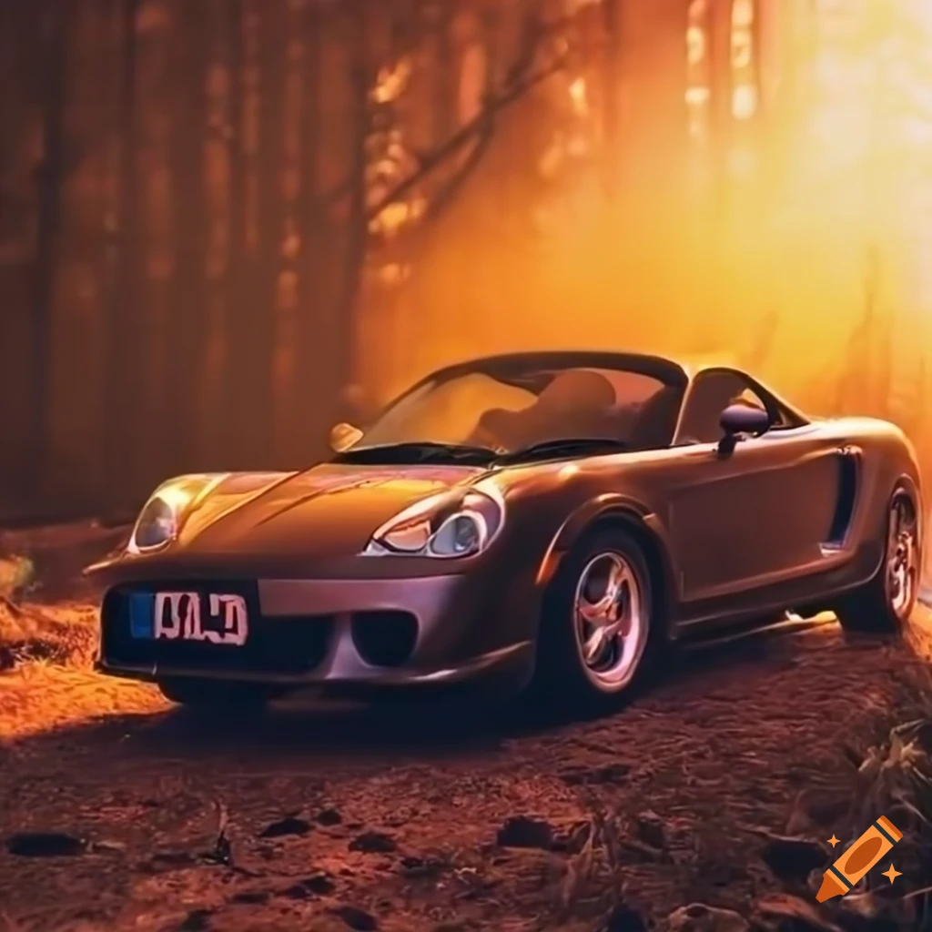 Sunset with mr2 spyder car in the forest on Craiyon