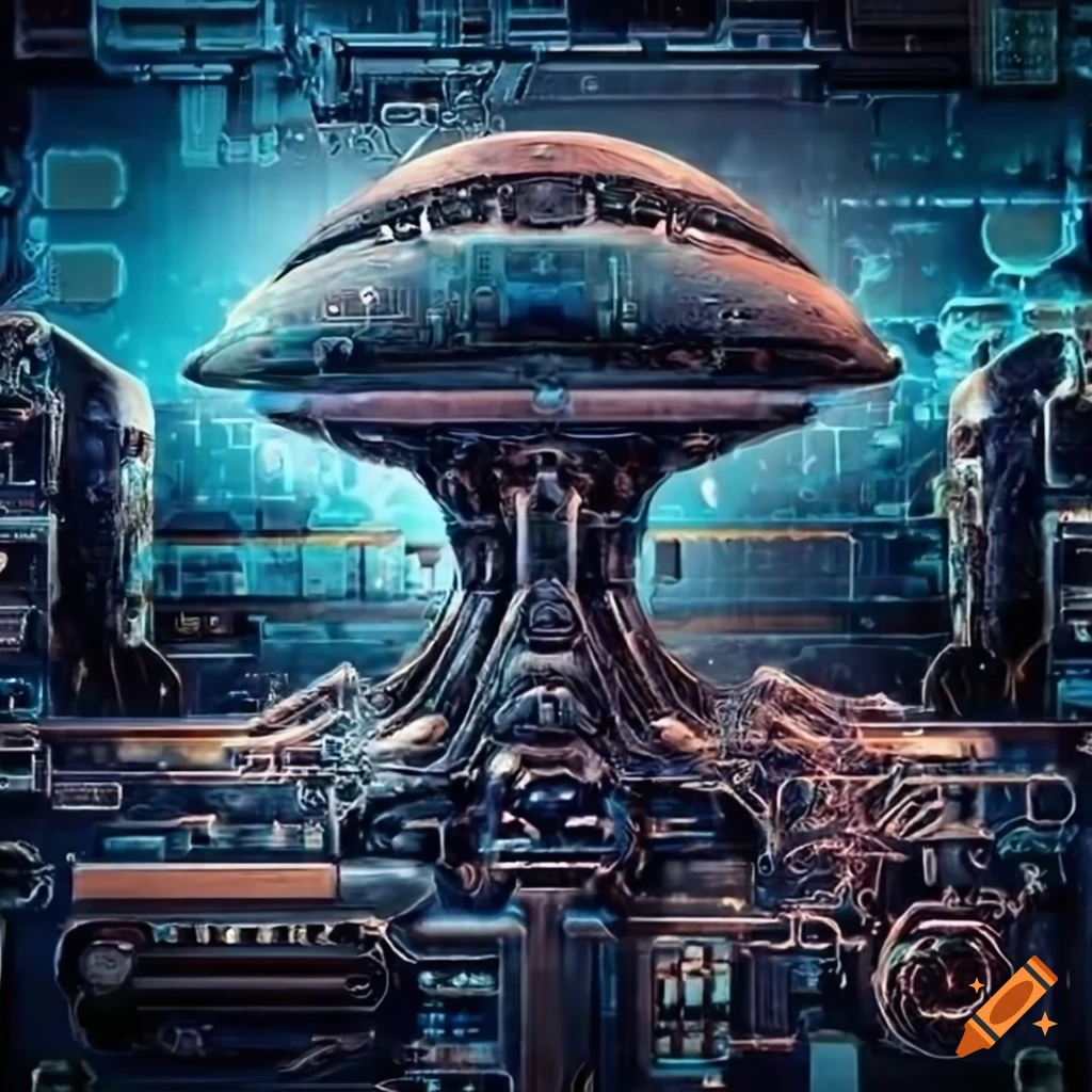 Surreal image of aliens and machines in front of computer boards on Craiyon