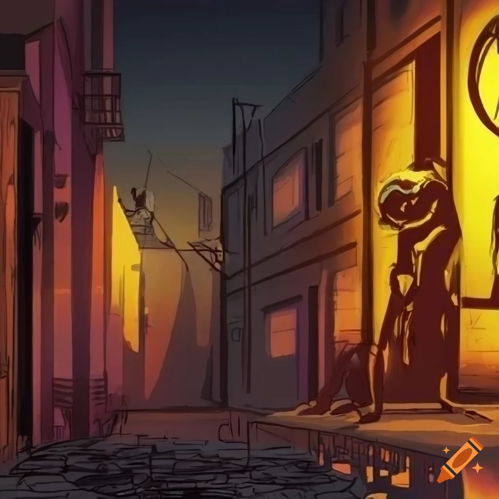 Illustration of urban monsters in an alley on Craiyon