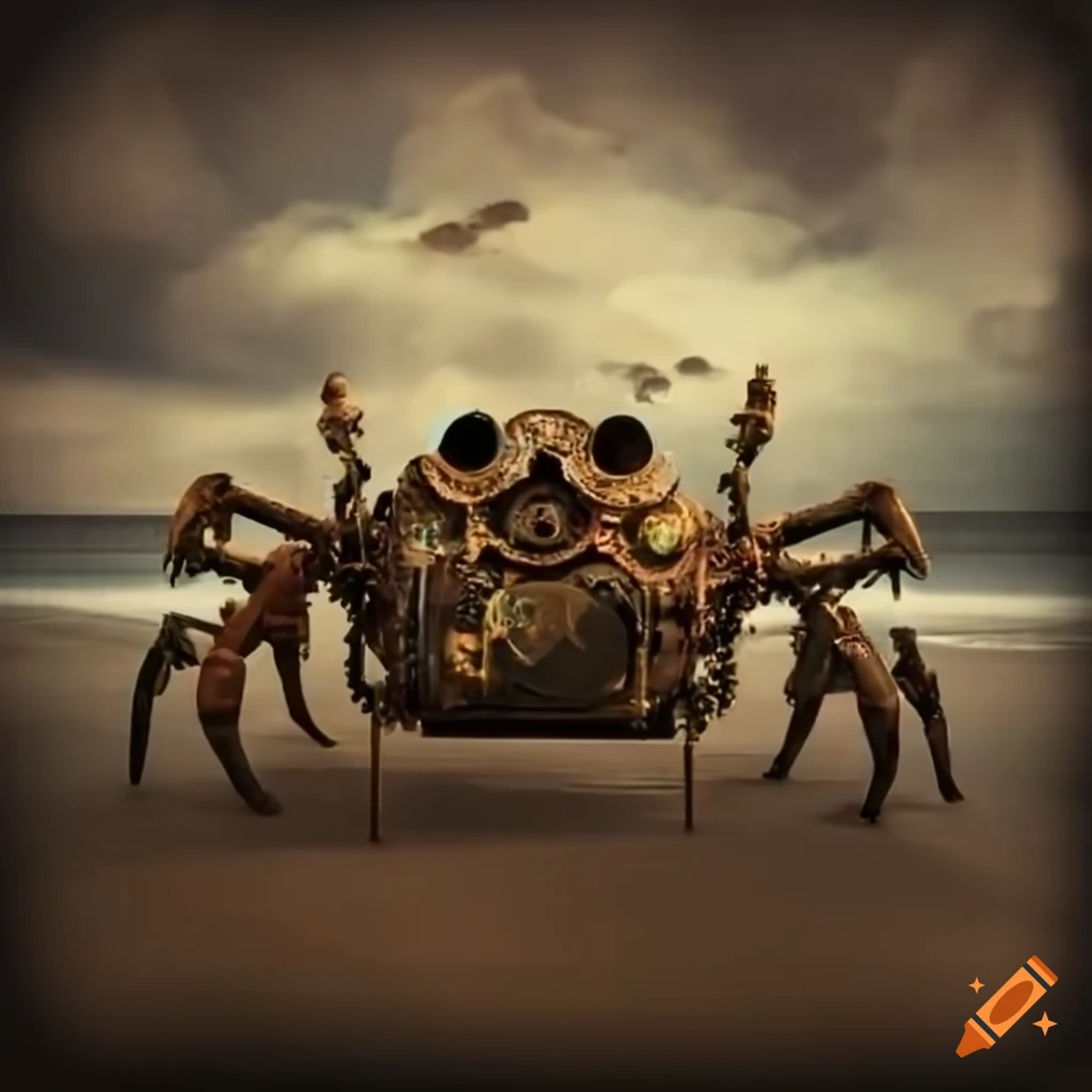 Surreal steampunk crab machines on a beach on Craiyon