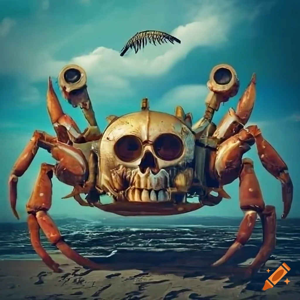 Steampunk machines crabes with television screen on a beach with ...