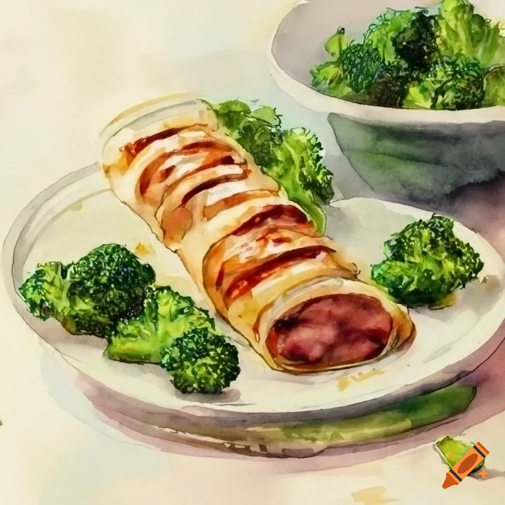 Watercolor painting of italian sausage and broccoli rabe stromboli on ...