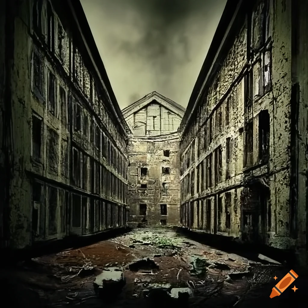 Image of an old abandoned asylum embodying pain and suffering on Craiyon