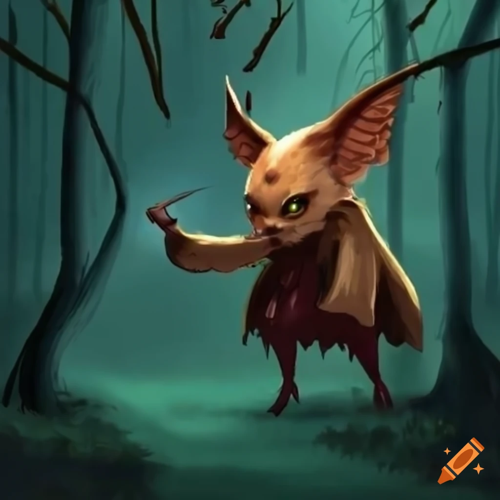 Chibbi style brown imp flying over a forest path on Craiyon