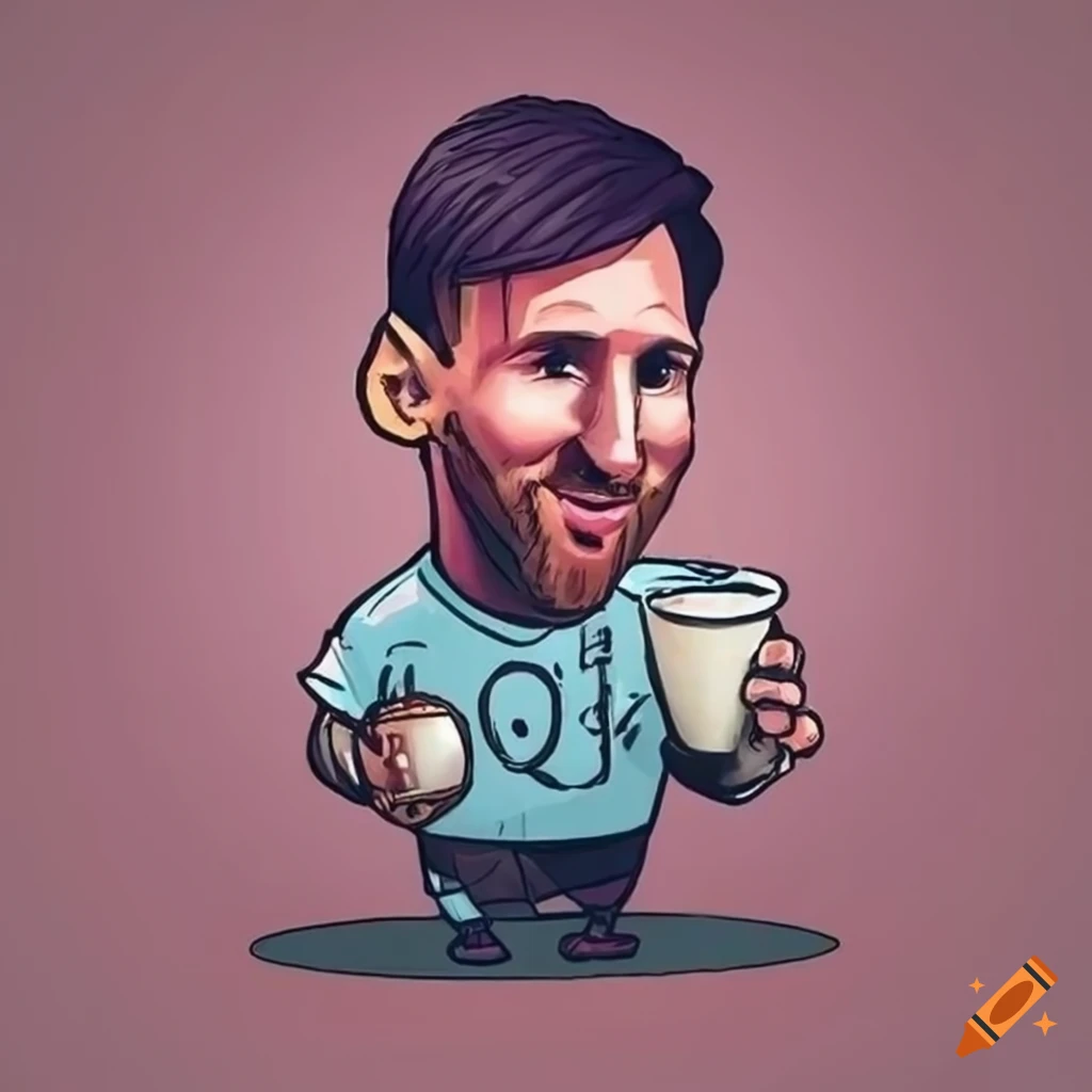 Messi in inter miami shirt enjoying coffee and working on laptop