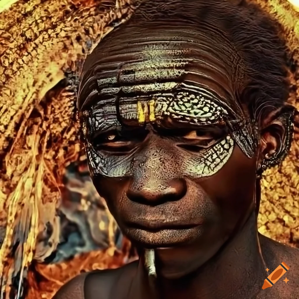 Photo of a well-fed Nuba tribesman painting a vivid star gate on Craiyon