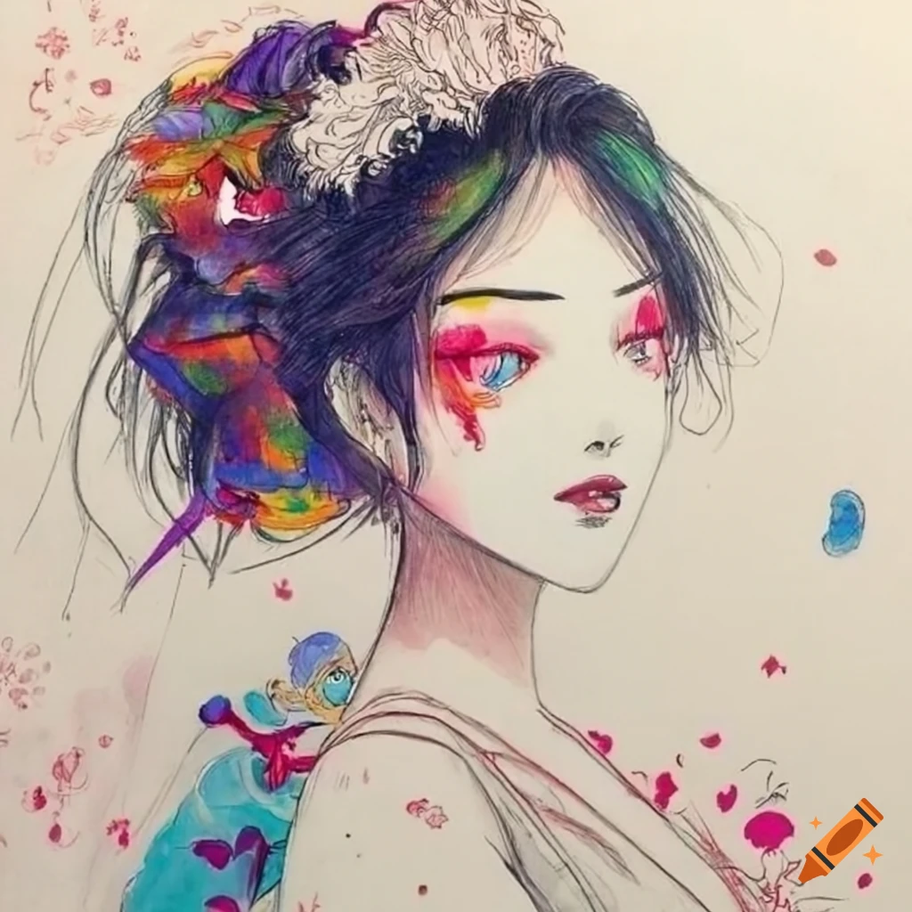 Colorful manga illustration of a japanese woman on Craiyon
