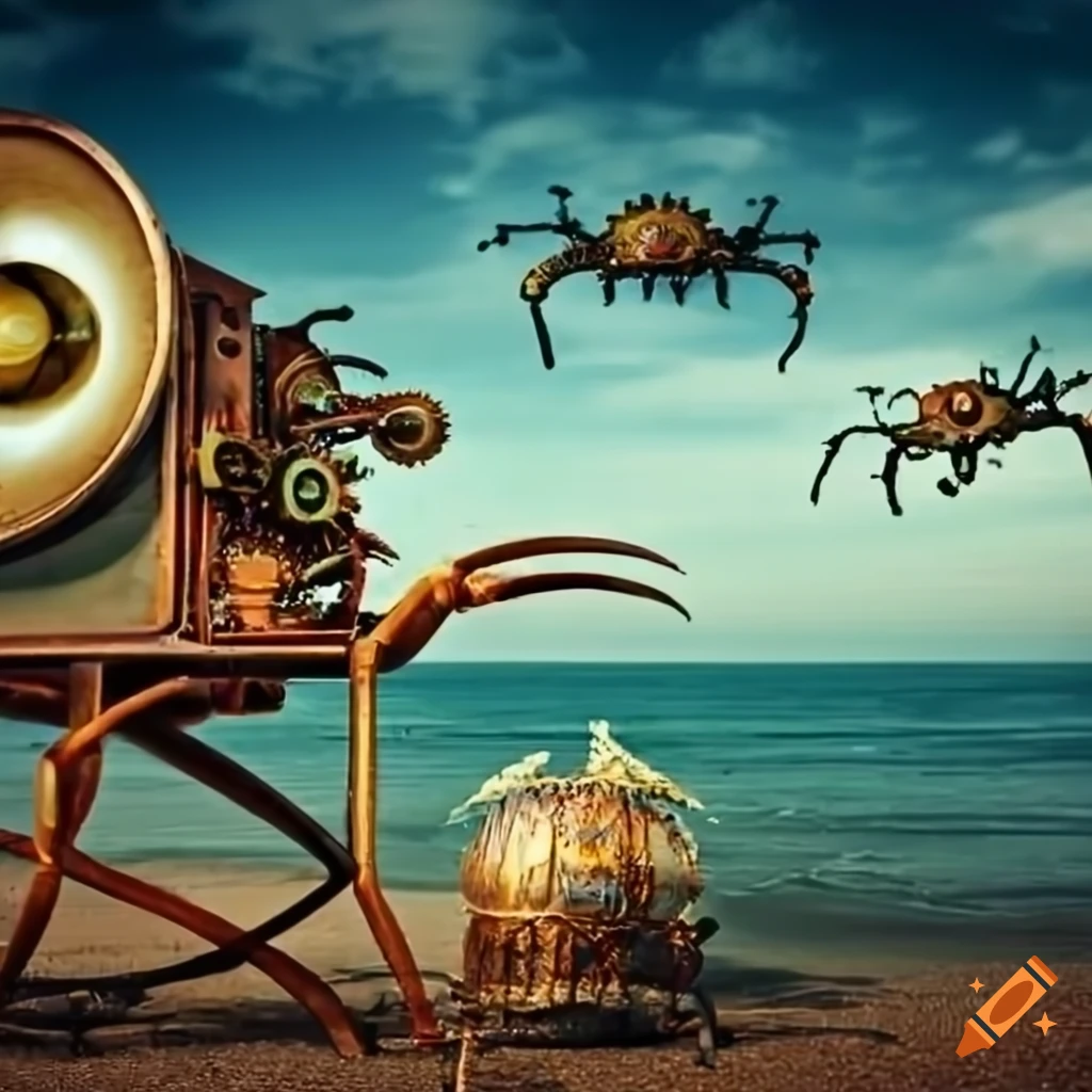 Surreal steampunk crab with television screen on the beach on Craiyon