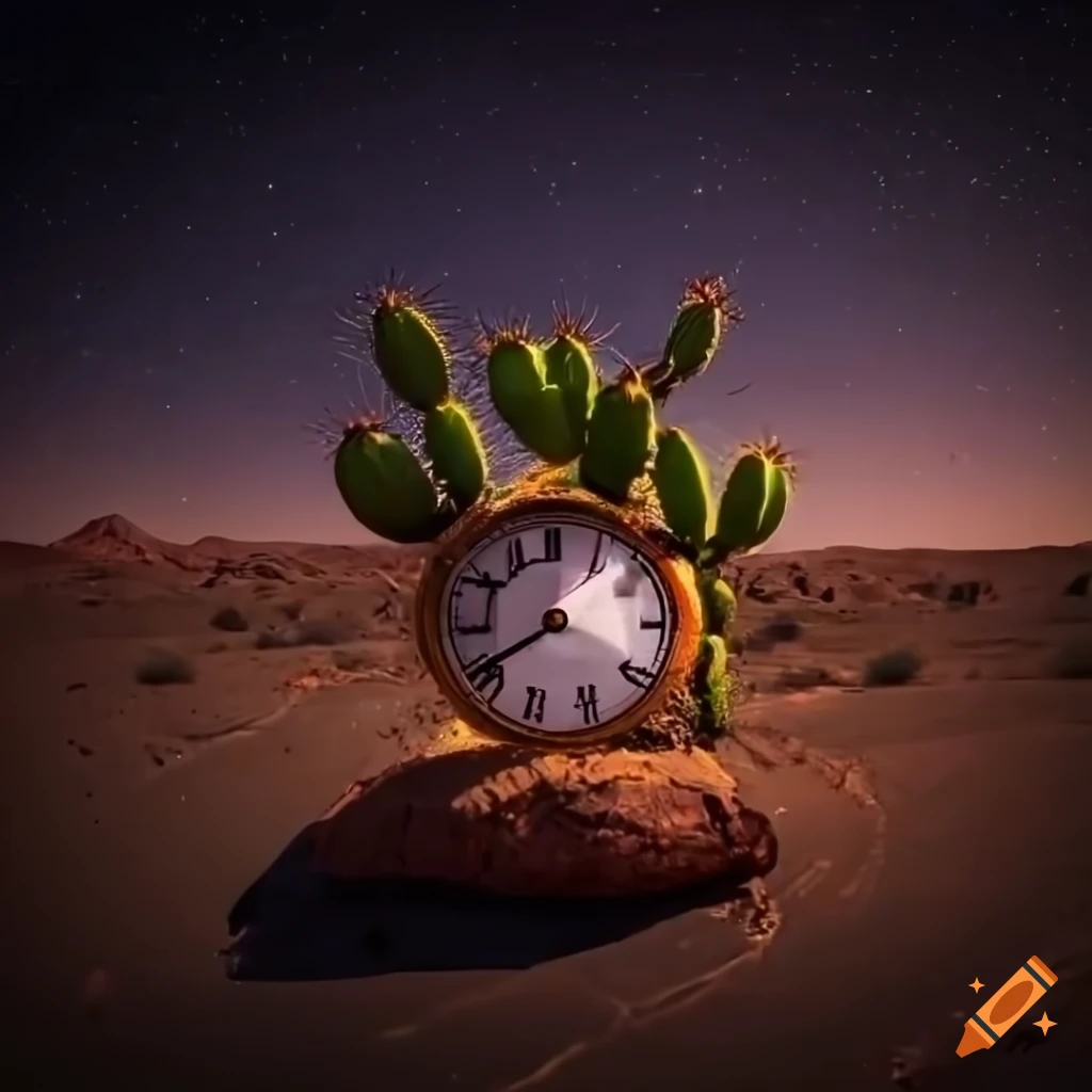 Desert night with cactus and clock on Craiyon
