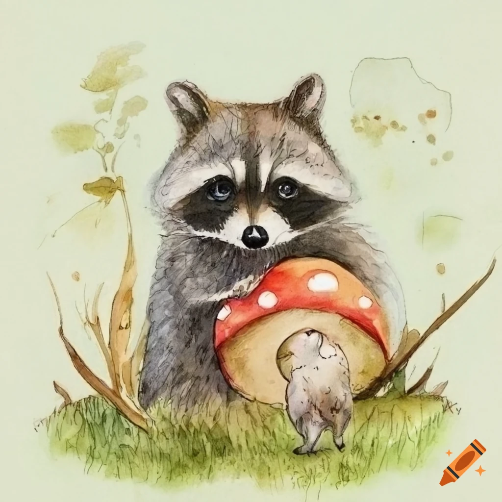 Watercolor pencil drawing of a raccoon and rabbit in a clearing