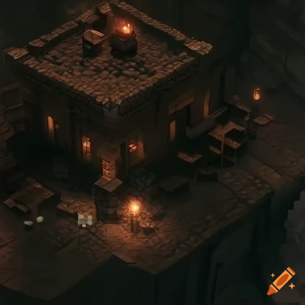 Intricate isometric concept art of a dark outdoor scene on Craiyon