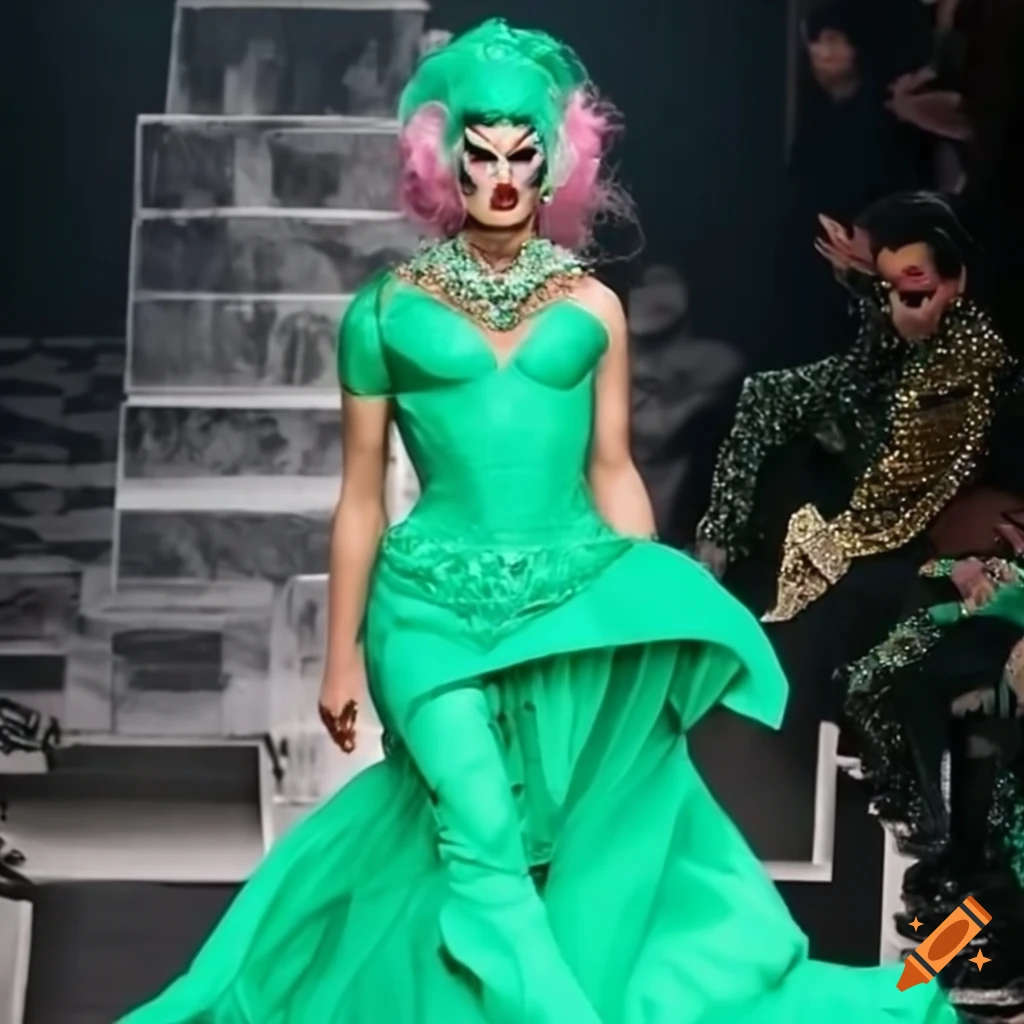 Fierce drag queen on the runway in a green costume on Craiyon