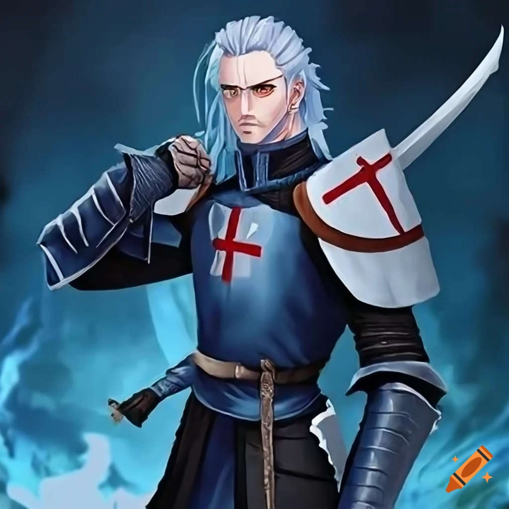 Fantasy artwork of a blue and white knight with a sword