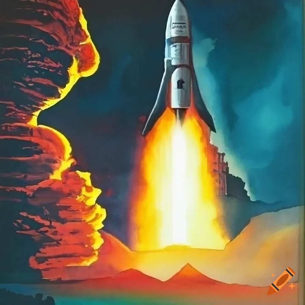 Golden hour rocket launch artwork on Craiyon