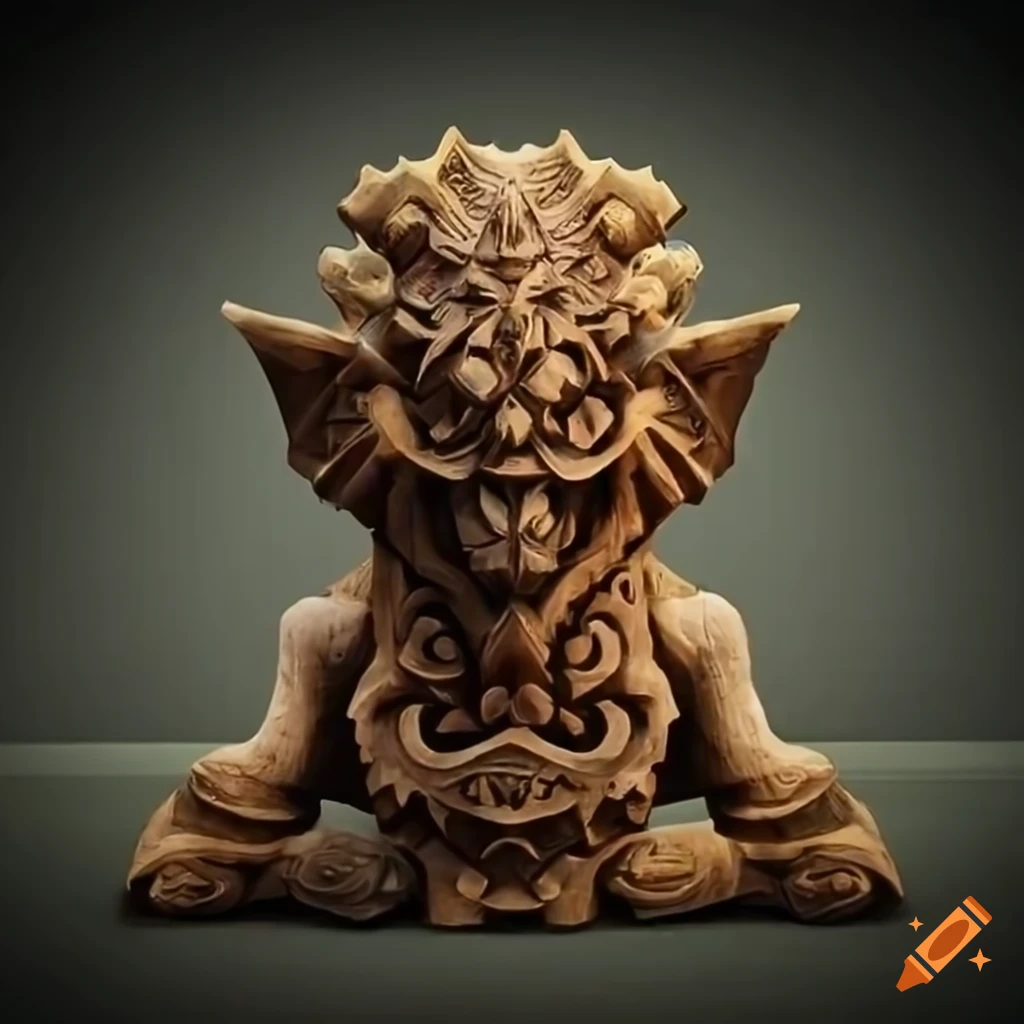 Intricate carving of a zelda game boss in a labyrinth garden on Craiyon