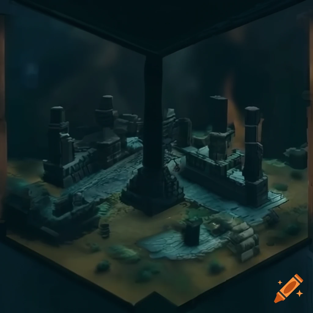 Intricate isometric concept art of a dark outdoor scene on Craiyon