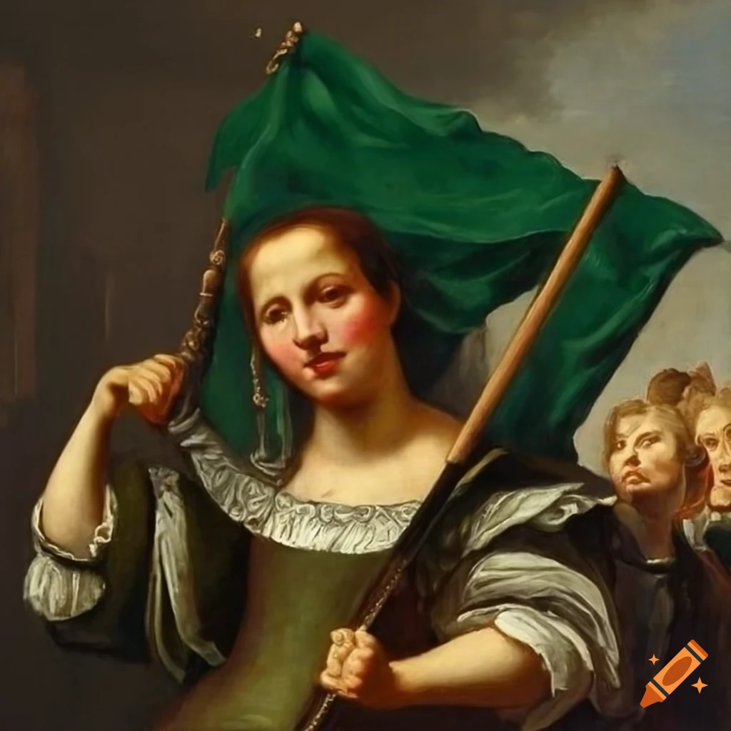 Renaissance oil painting of a crowd holding a dark green flag on Craiyon