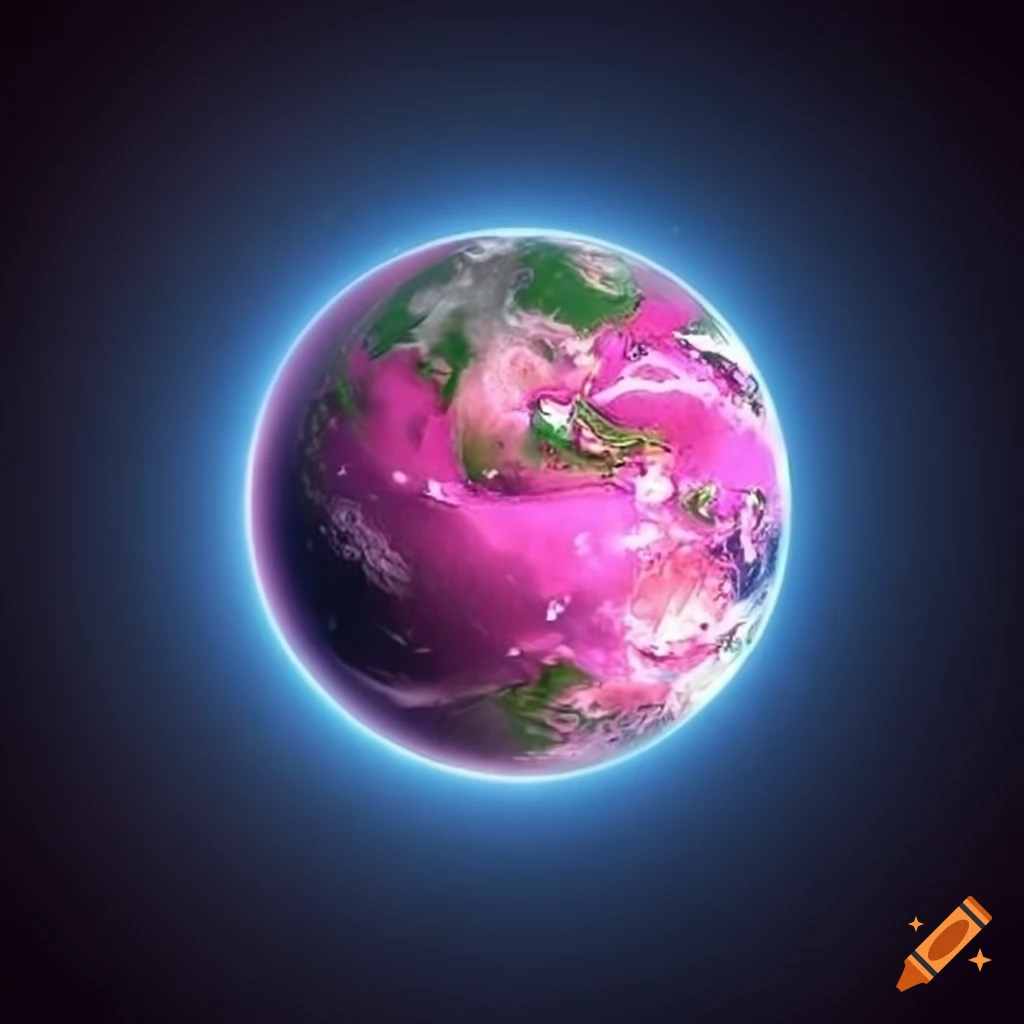 Abstract drawing of a purple planet over a green sea in a distant world ...