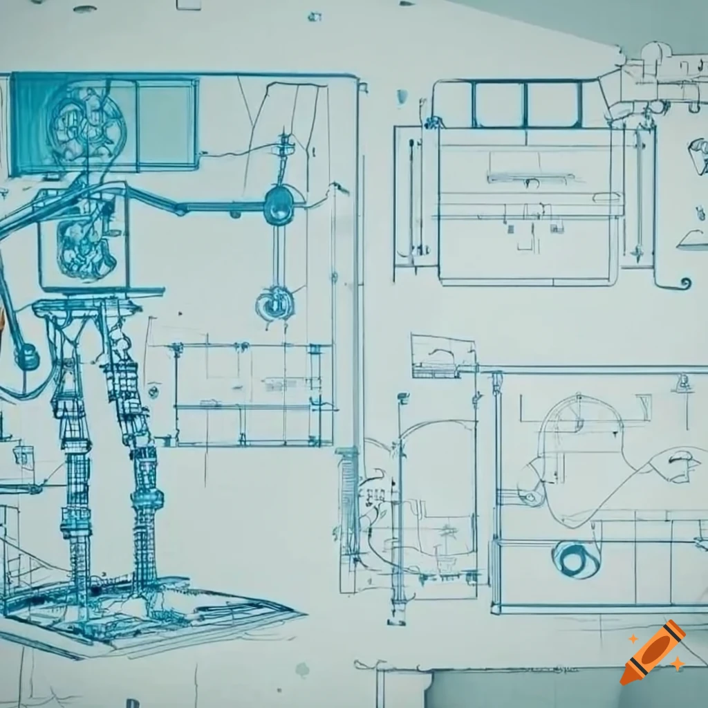 Detailed engineering blueprint of an animatronic musician