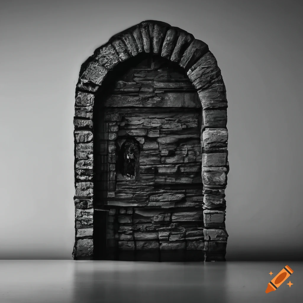 Minimalist artwork of a white space with a floating stone door