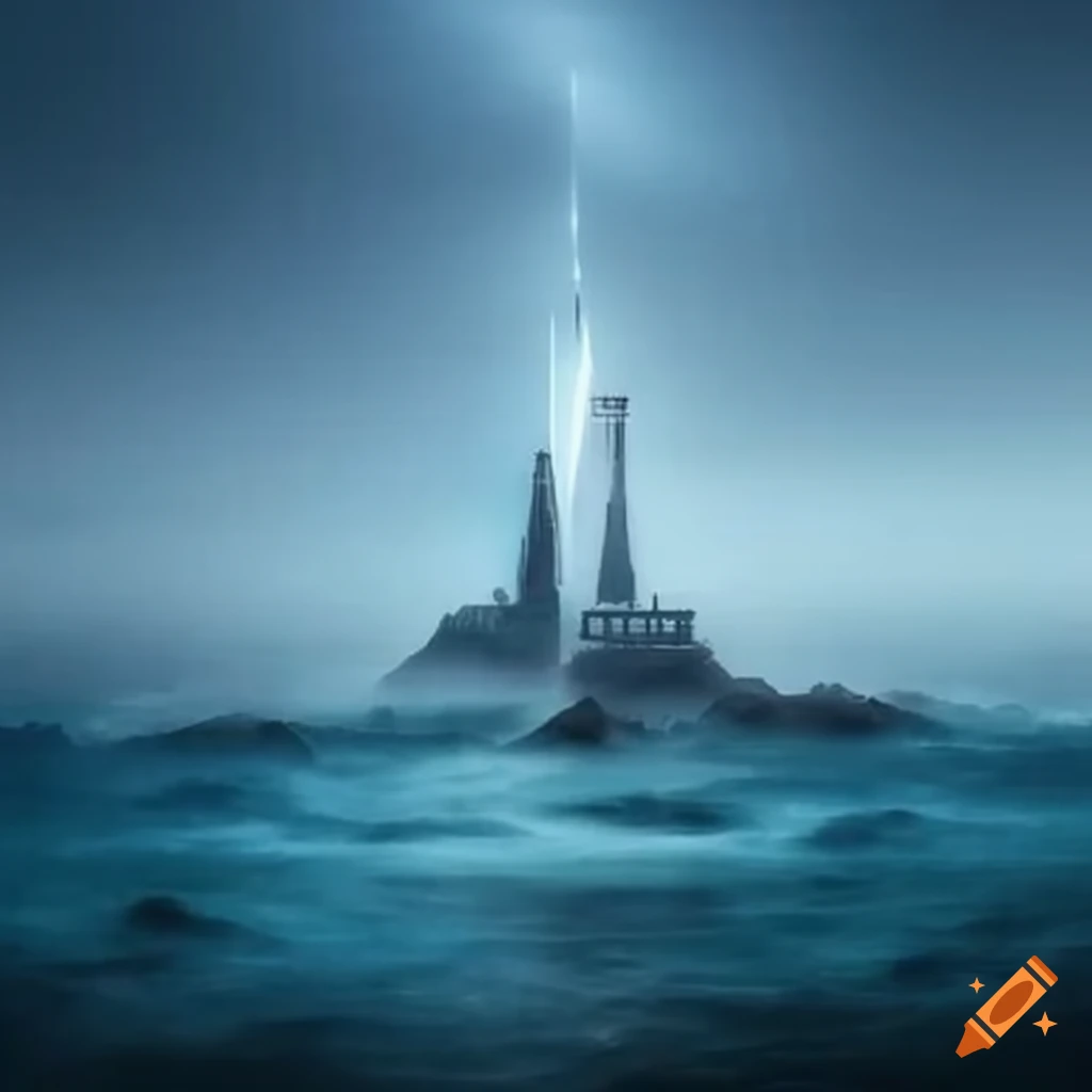 Image of a mysterious tower emerging from the misty ocean on Craiyon
