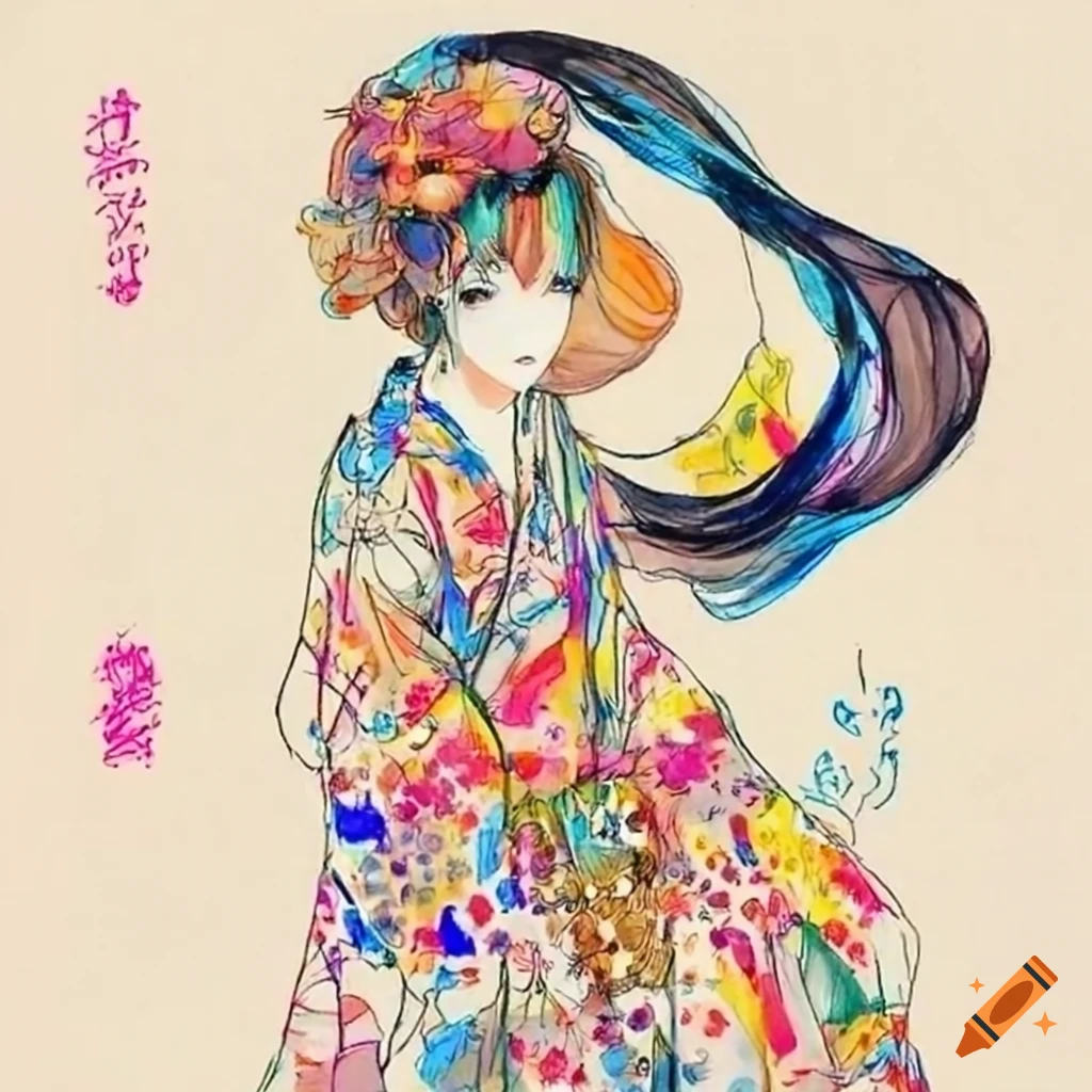 Colorful manga sketch of a Japanese woman on Craiyon
