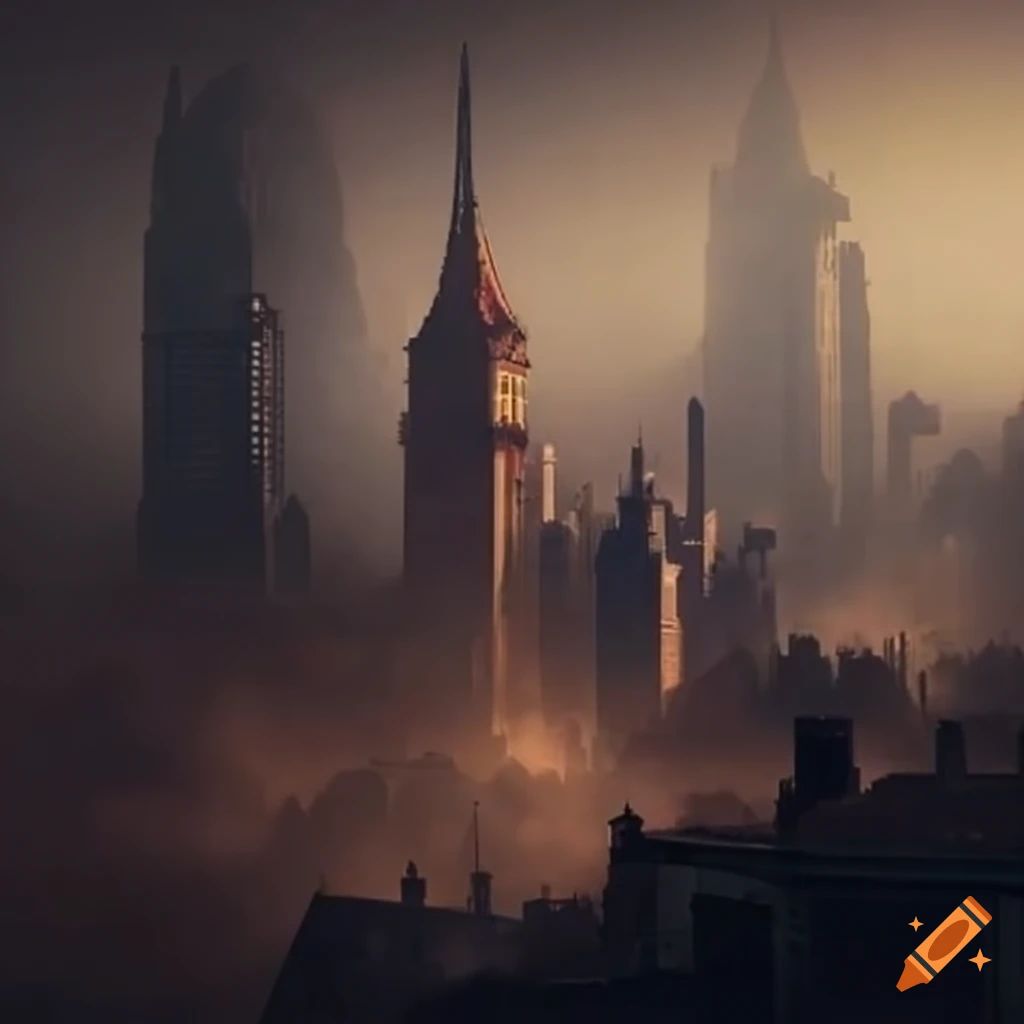 Dystopian city surrounded by thick yellow haze in a science fiction ...