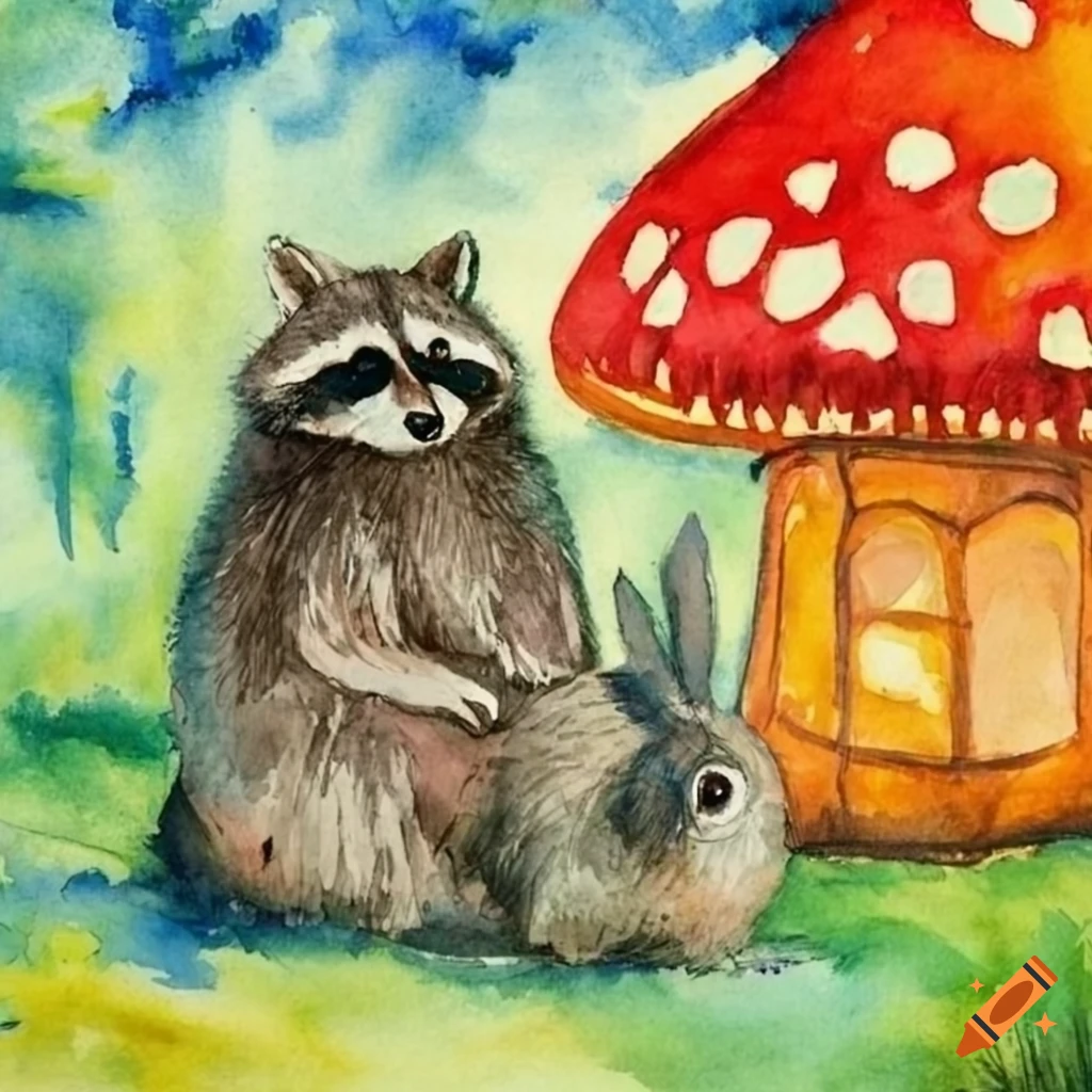 Watercolor pencil drawing of a raccoon and rabbit in a clearing on Craiyon