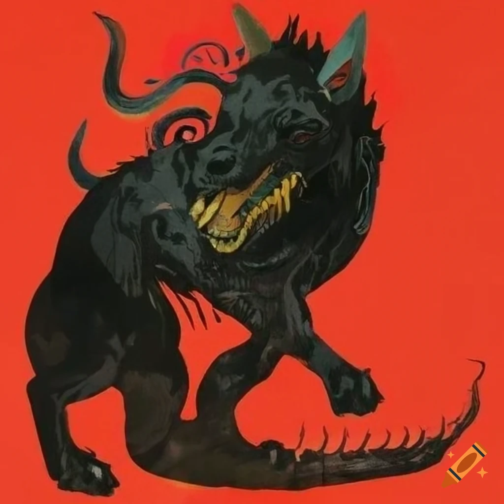 Collage of a mythical hellhound in german expressionist style on Craiyon