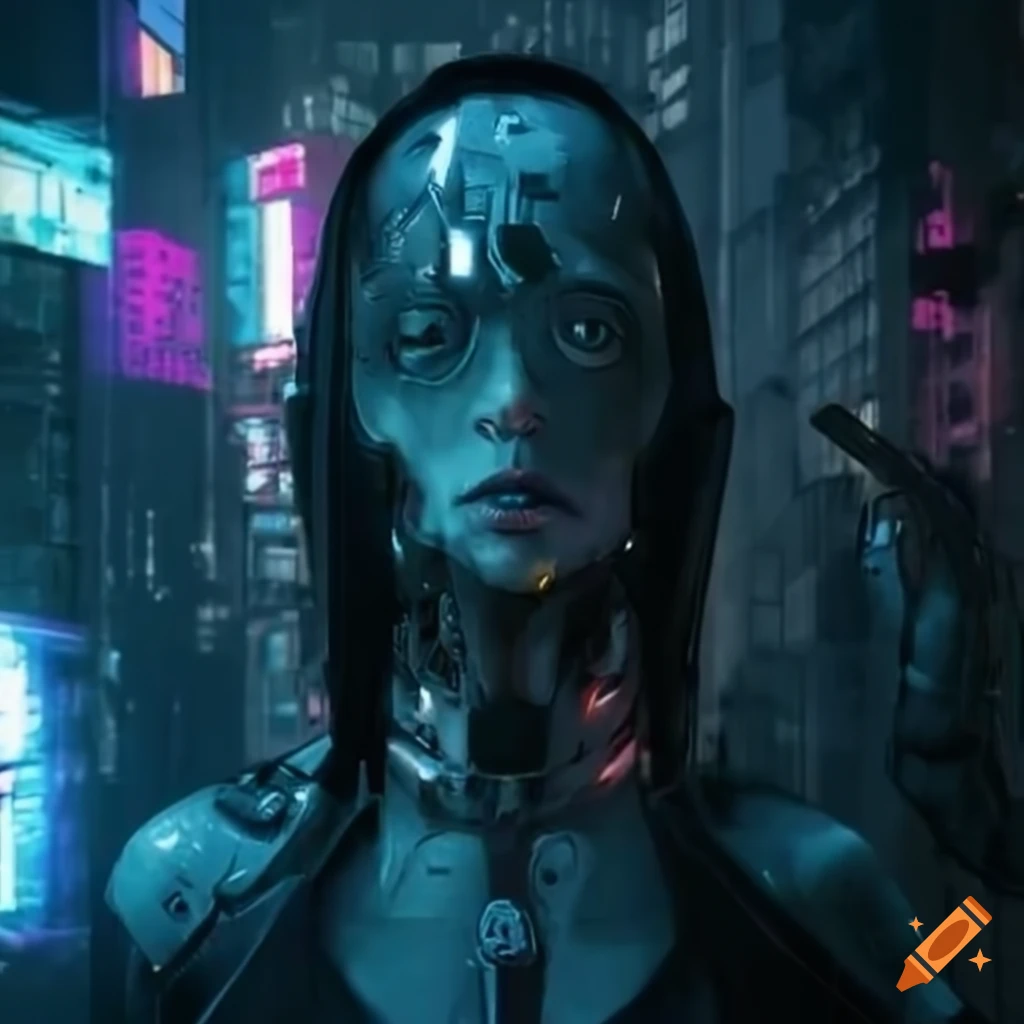 Sinister cyberpunk robots in the city with futuristic buildings on Craiyon