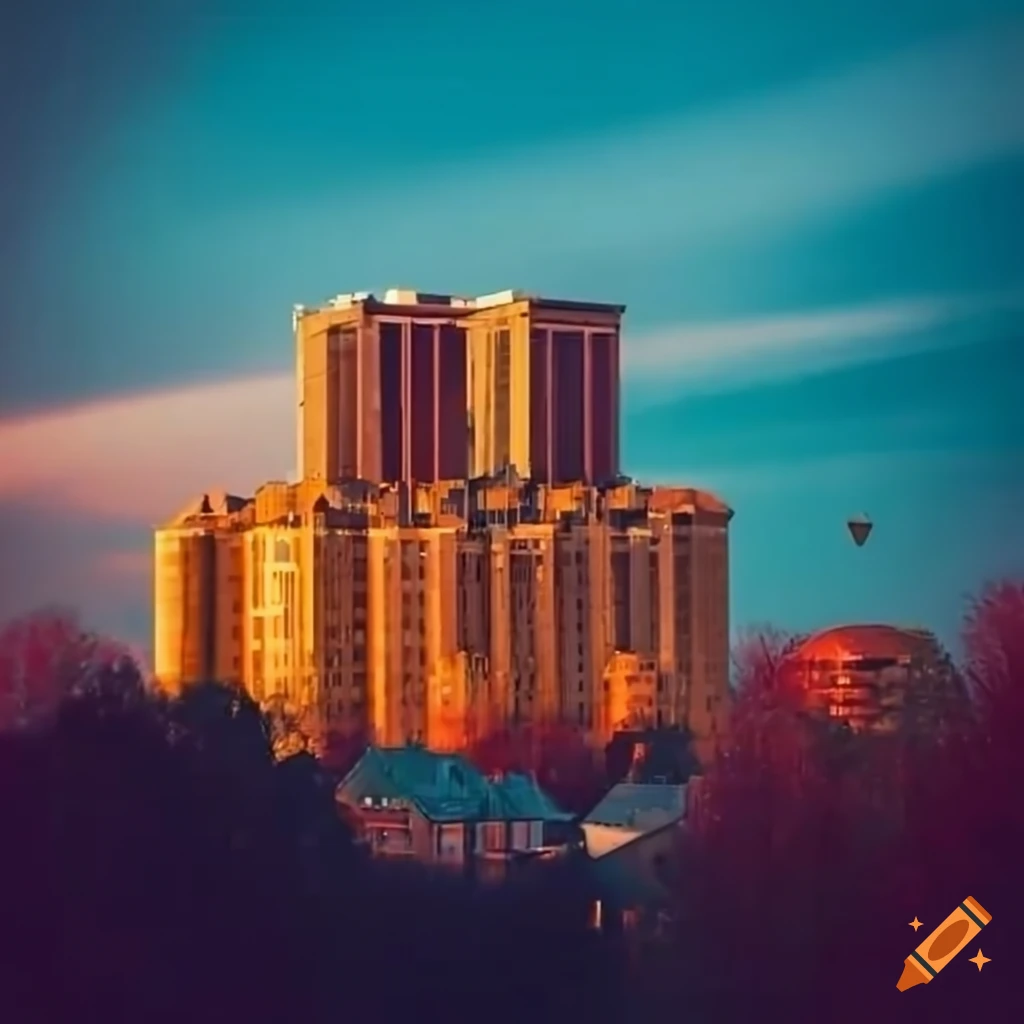 Sunset over a suburban apartment area with a hotel in the distance