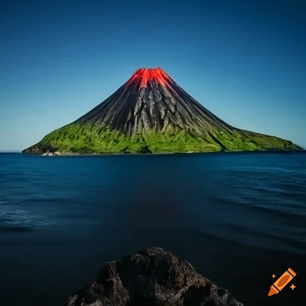 Image of a realistic volcano island with tikis