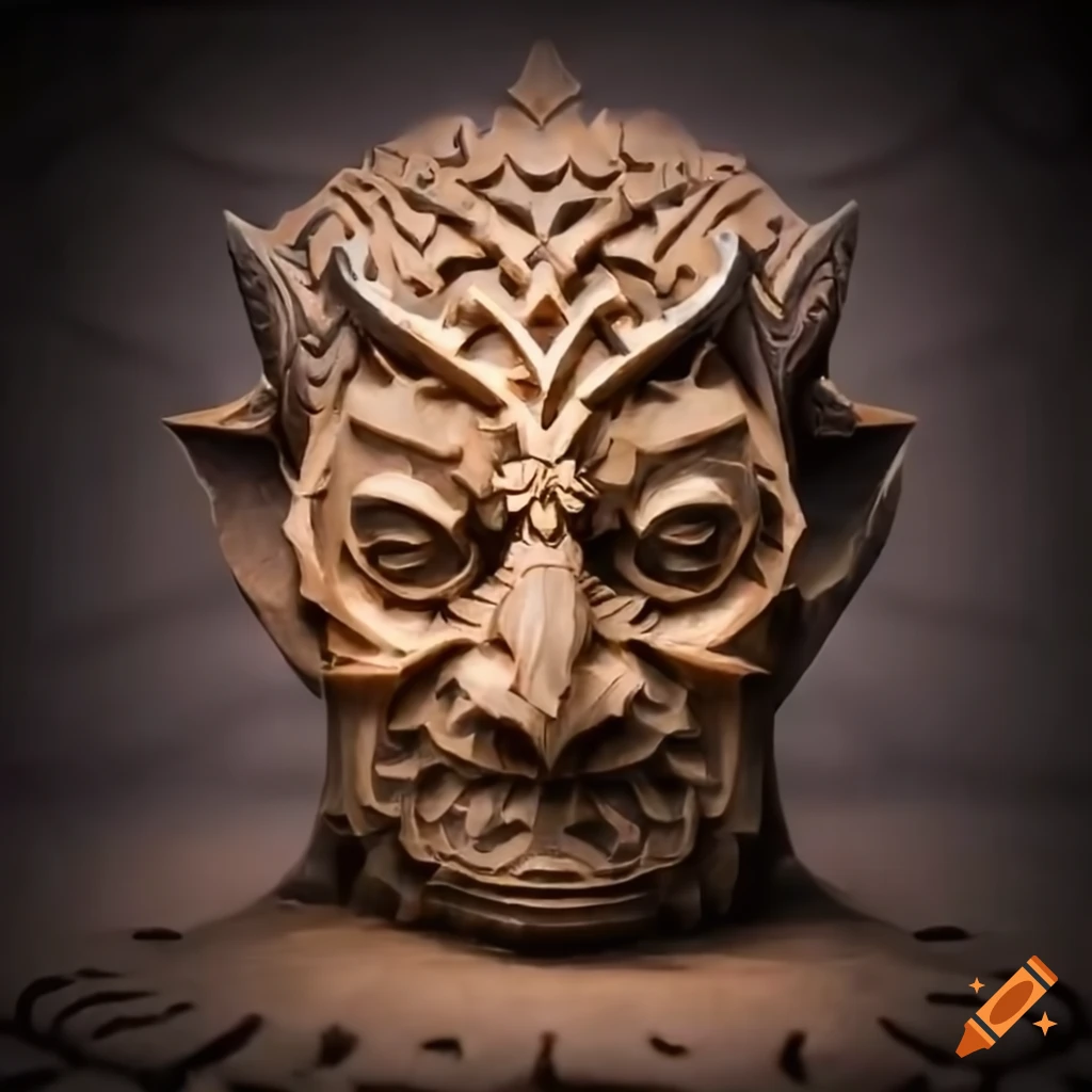 Intricate carving of a zelda game boss in a labyrinth