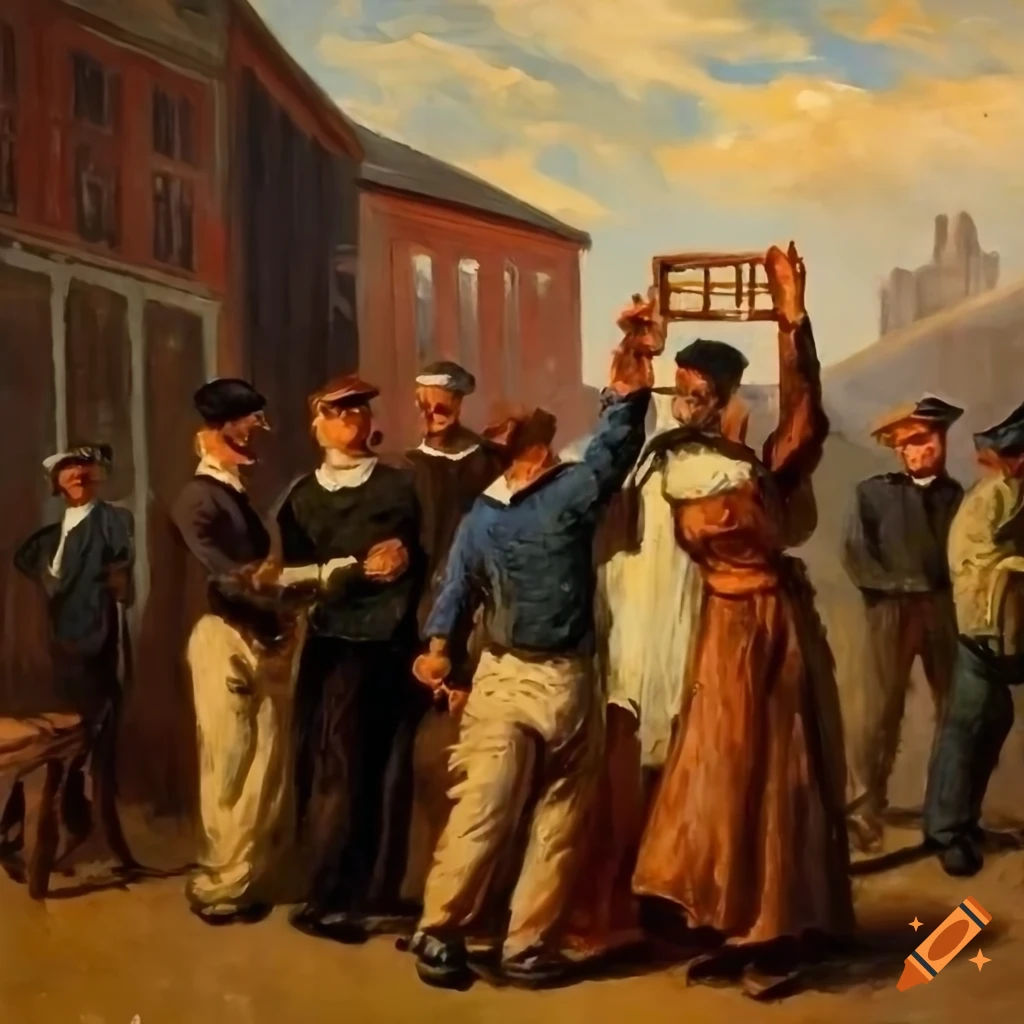 Oil painting of a protest outside factory