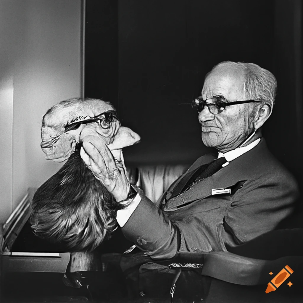 Satirical image of Harry S. Truman and a bird stealing his cheesepuff ...