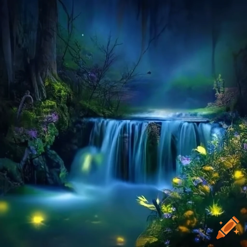 Dreamy and magical night forest with blooming flowers and a sparkling ...