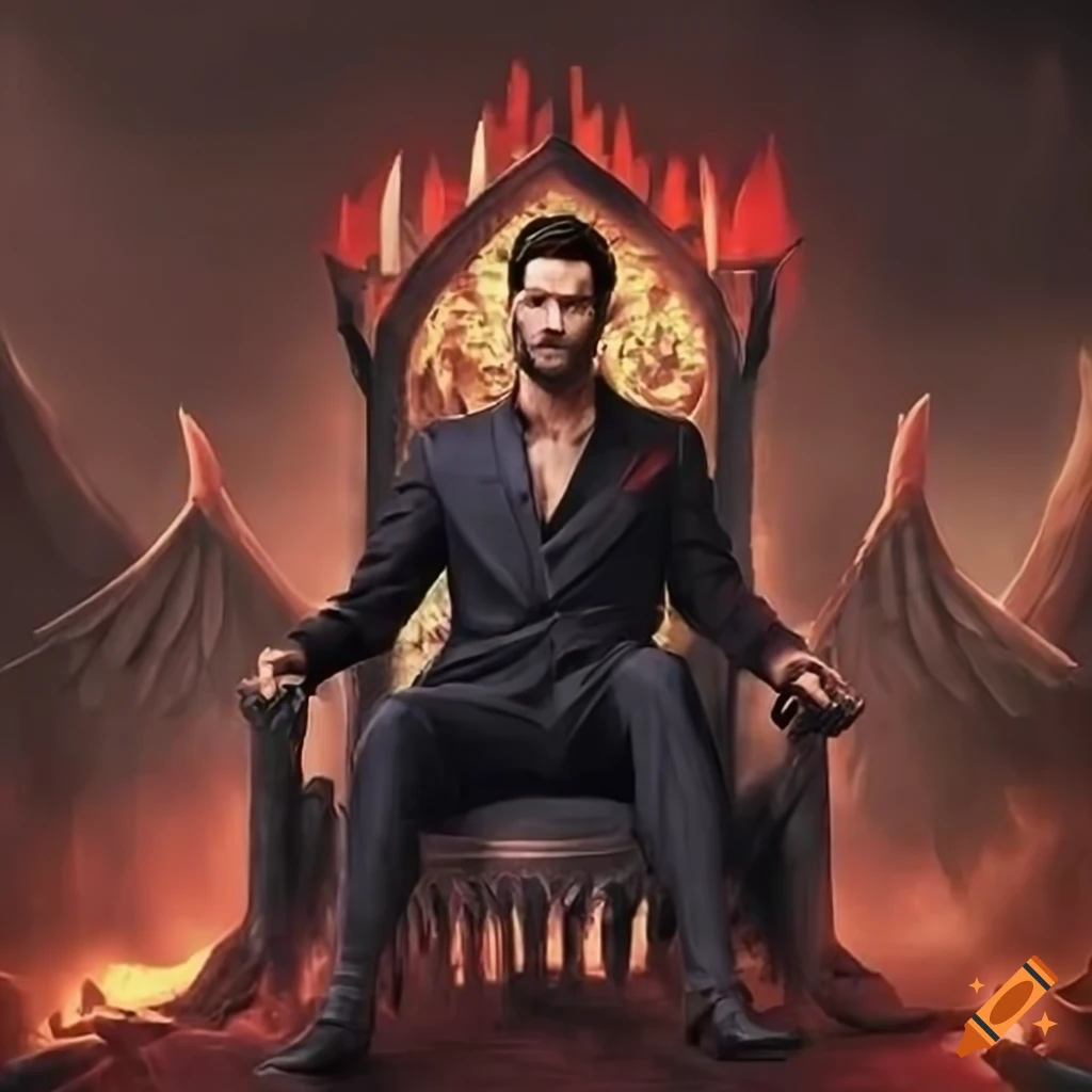Image of tom ellis as lucifer sitting on a throne in hell on Craiyon