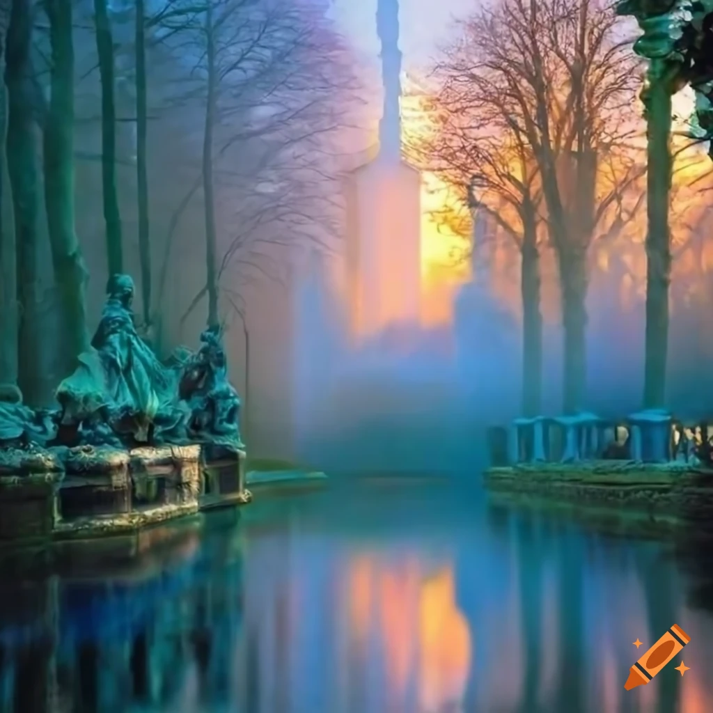 Monet's painting of a serene Victorian garden with golden angel statues ...