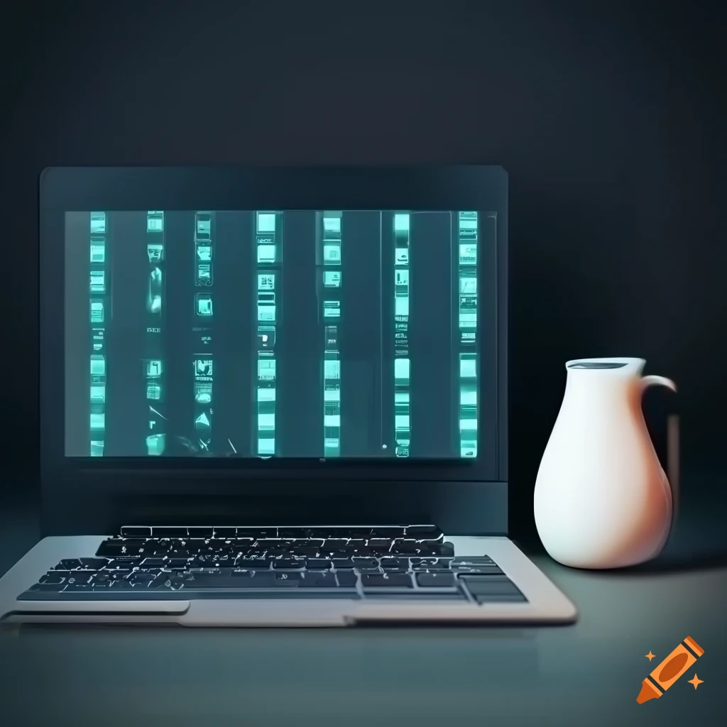 Laptop with code on screen and a jug of milk on Craiyon