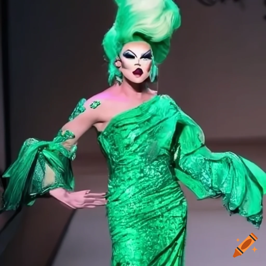 Fierce drag queen on the runway in a green costume on Craiyon