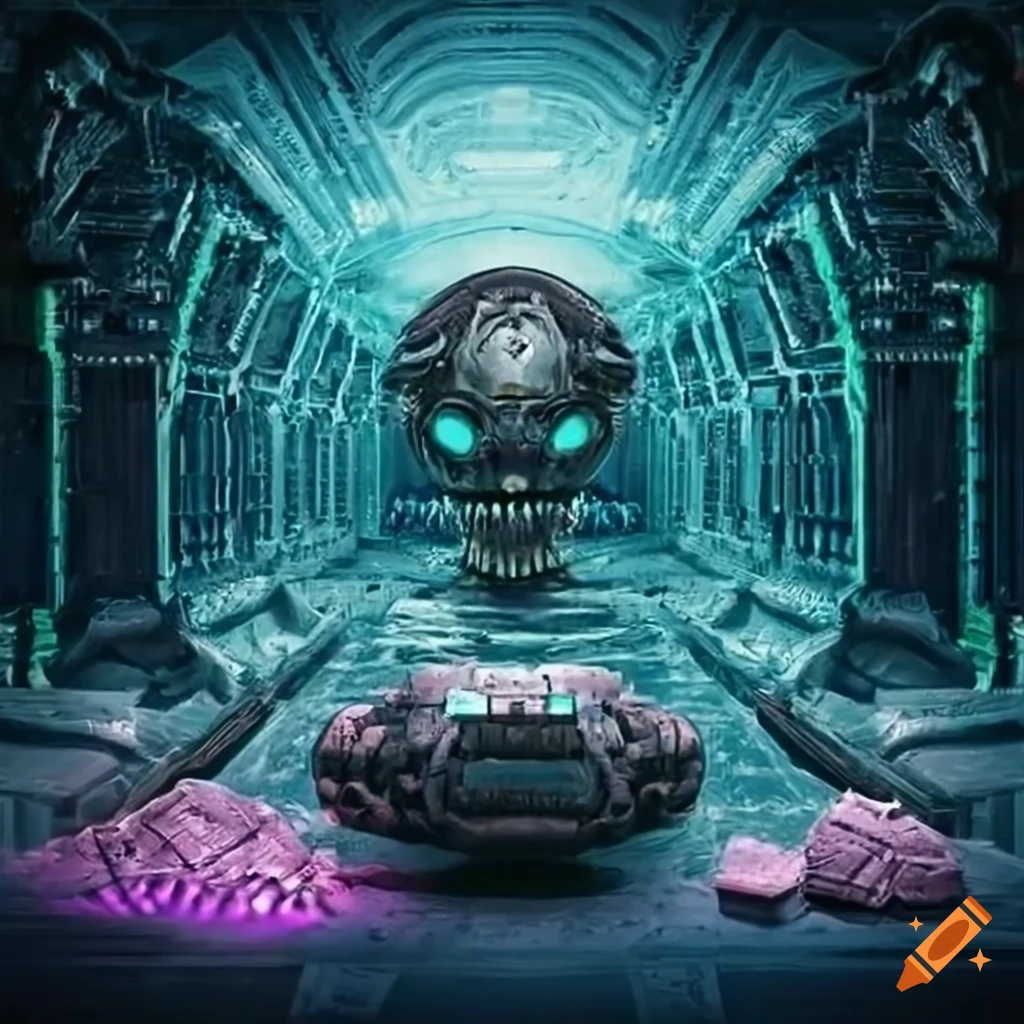 Surrealist artwork of alien machines and spaceship on Craiyon