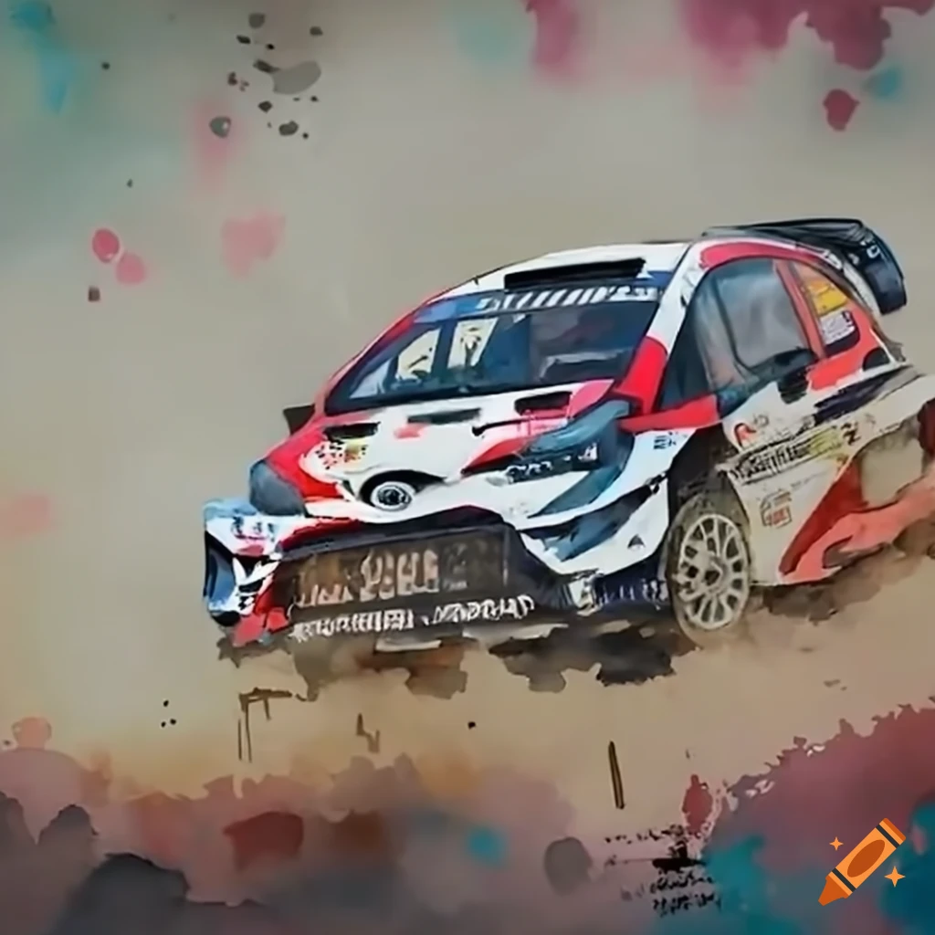 Watercolor painting of a rally car in action