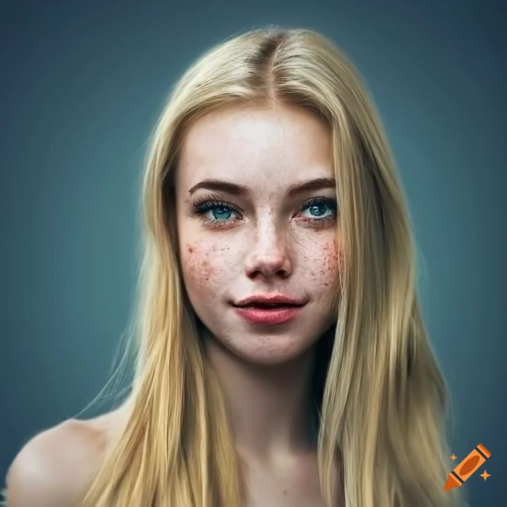 Close-up portrait of a beautiful smiling woman with freckles on Craiyon