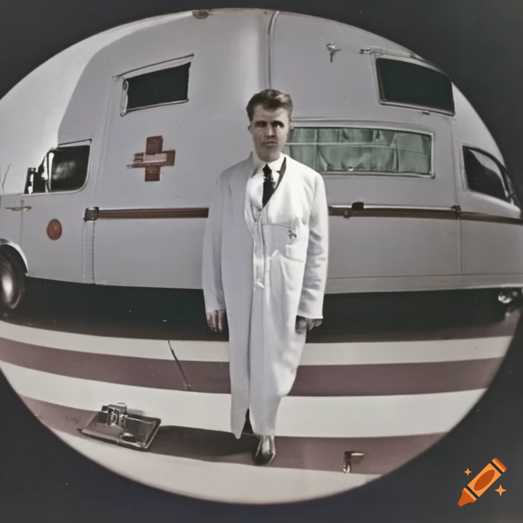 1940s color photograph of a male doctor and white ambulance on Craiyon