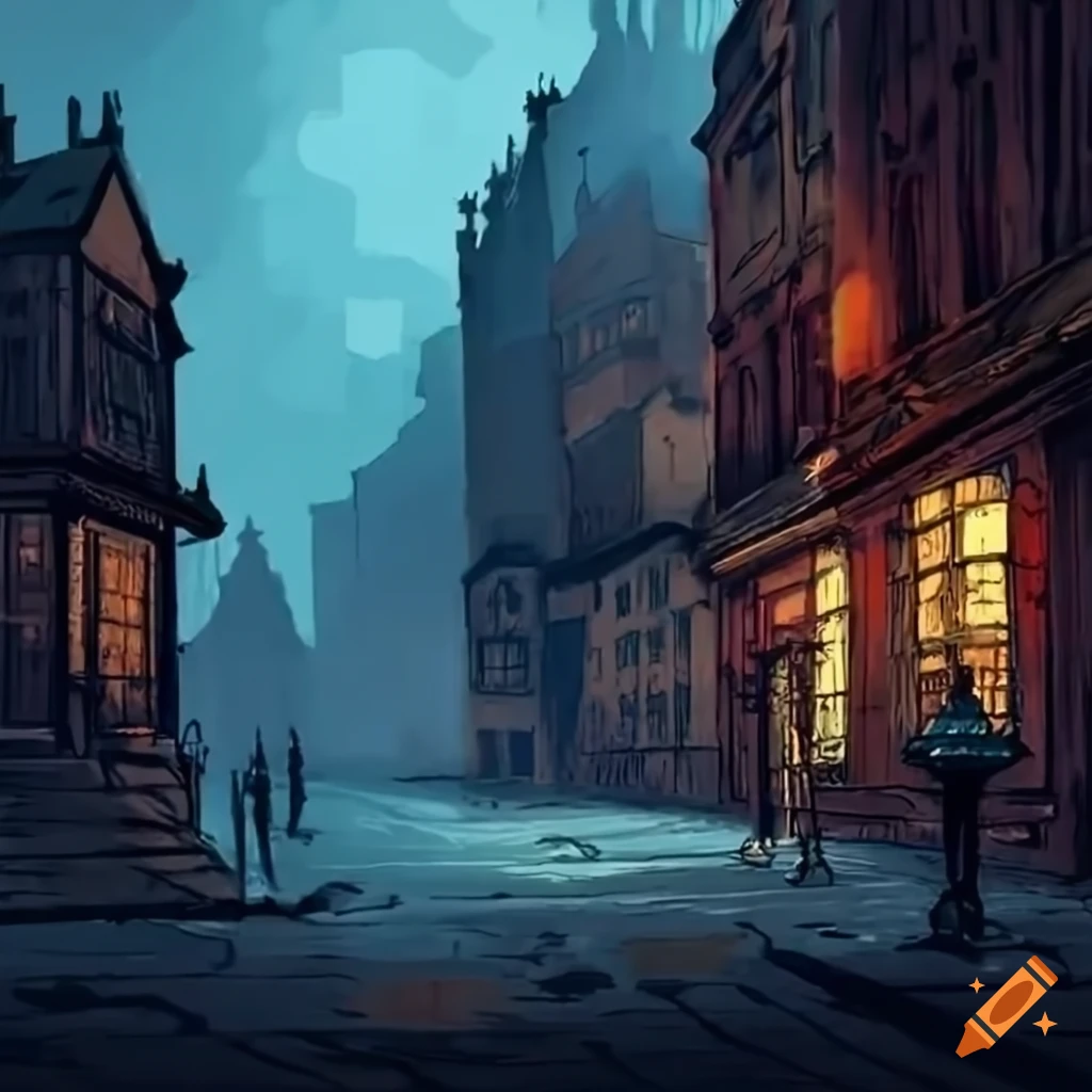 Graphic novel street scene for les miserables school production on Craiyon