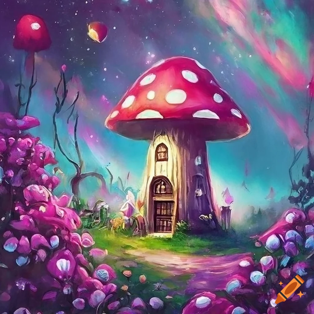Fantasy art of a pink mushroom house in a galaxy on Craiyon