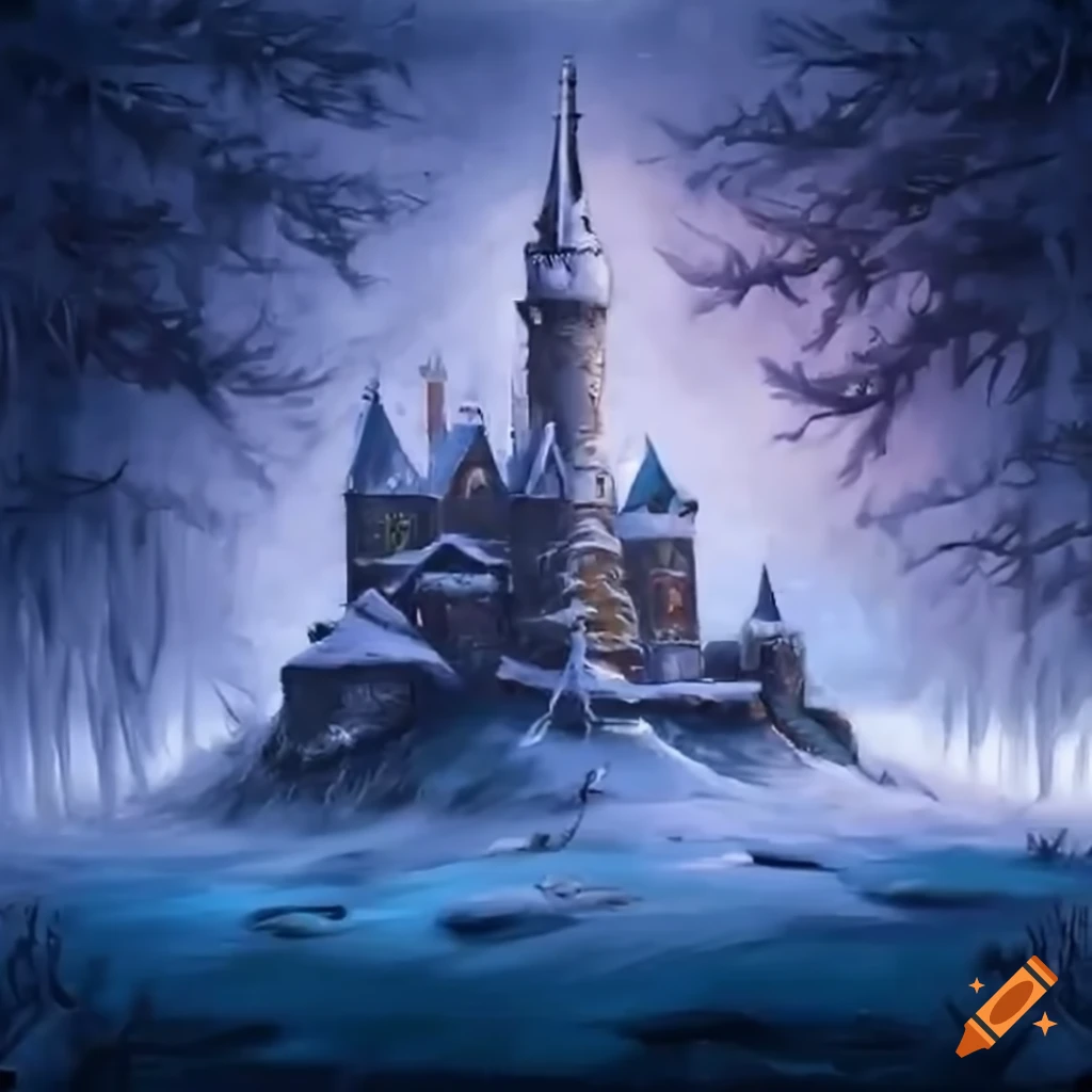 Backdrop of winter castles in a platformer game
