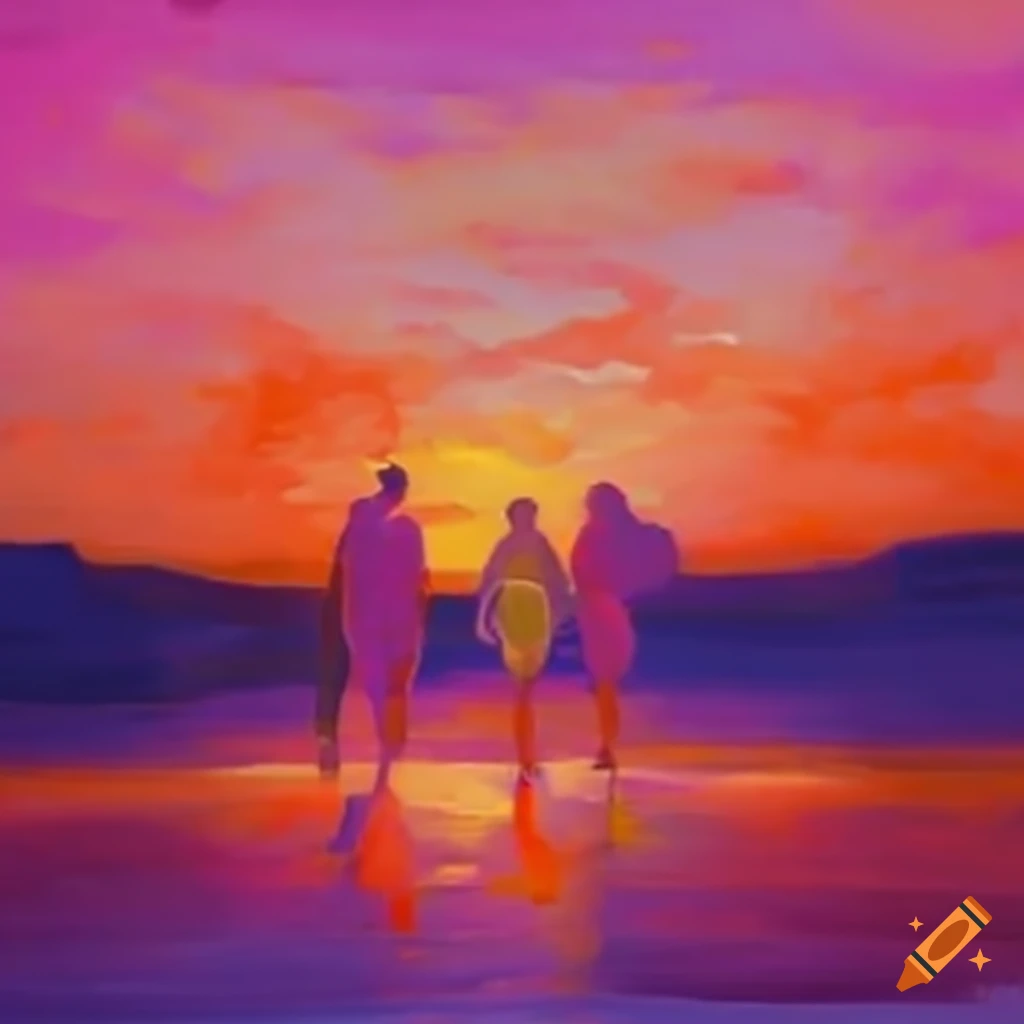 Group of friends enjoying a pink sunset on Craiyon