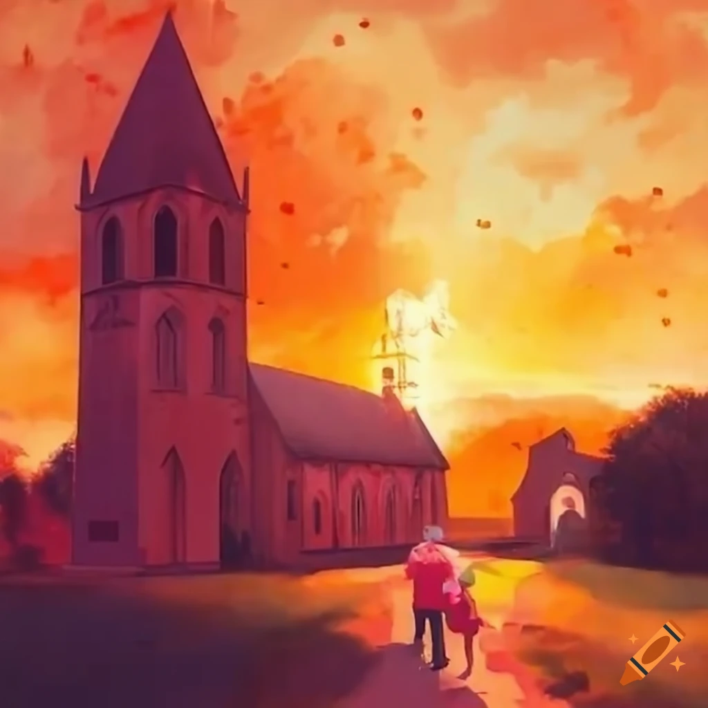 Sunset outside the church with a mother and her son on Craiyon