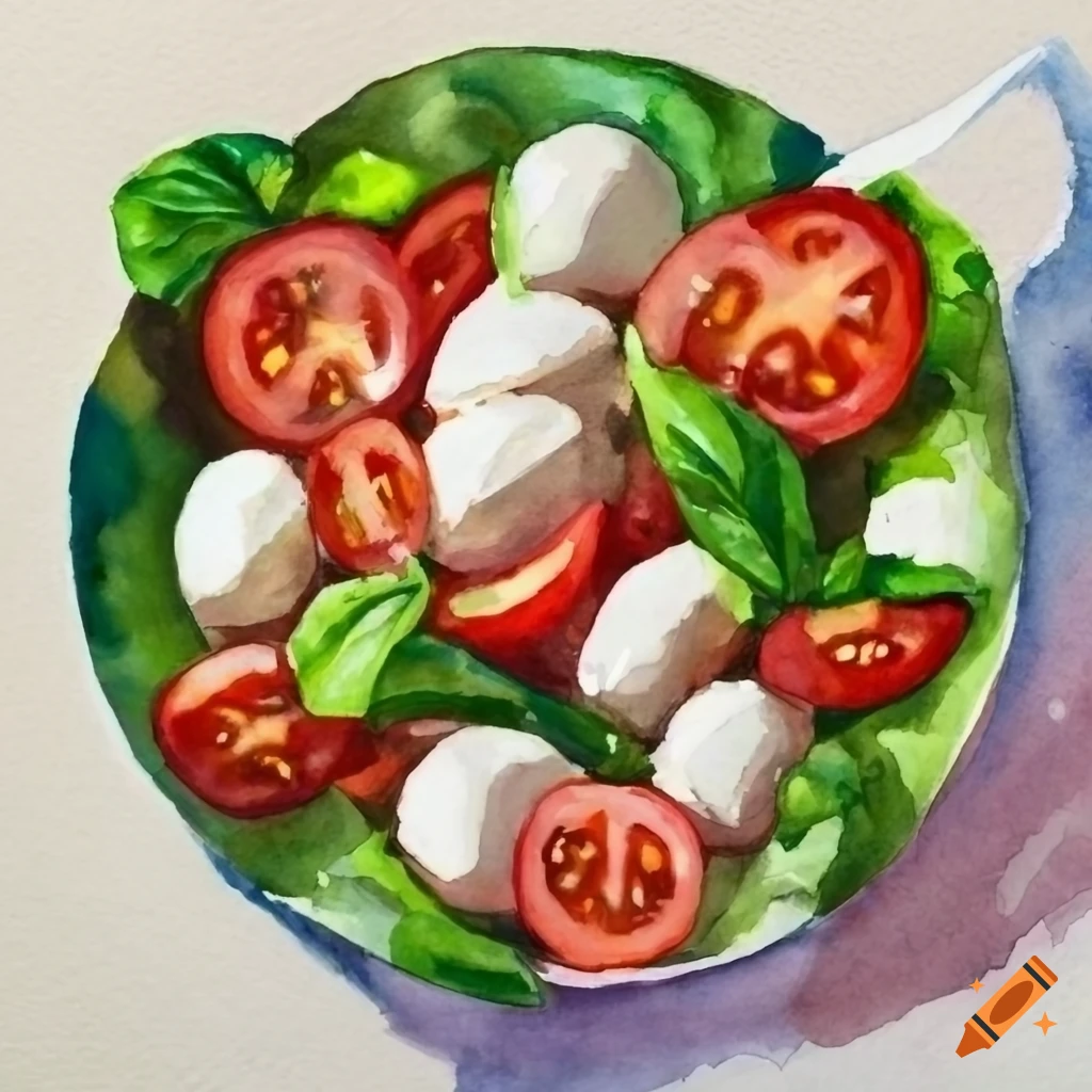 Watercolor Painting Of A Fresh Mozzarella Tomato And Basil Salad On watercolor-painting-of-a-fresh-mozzarella-tomato-and-basil-salad-on